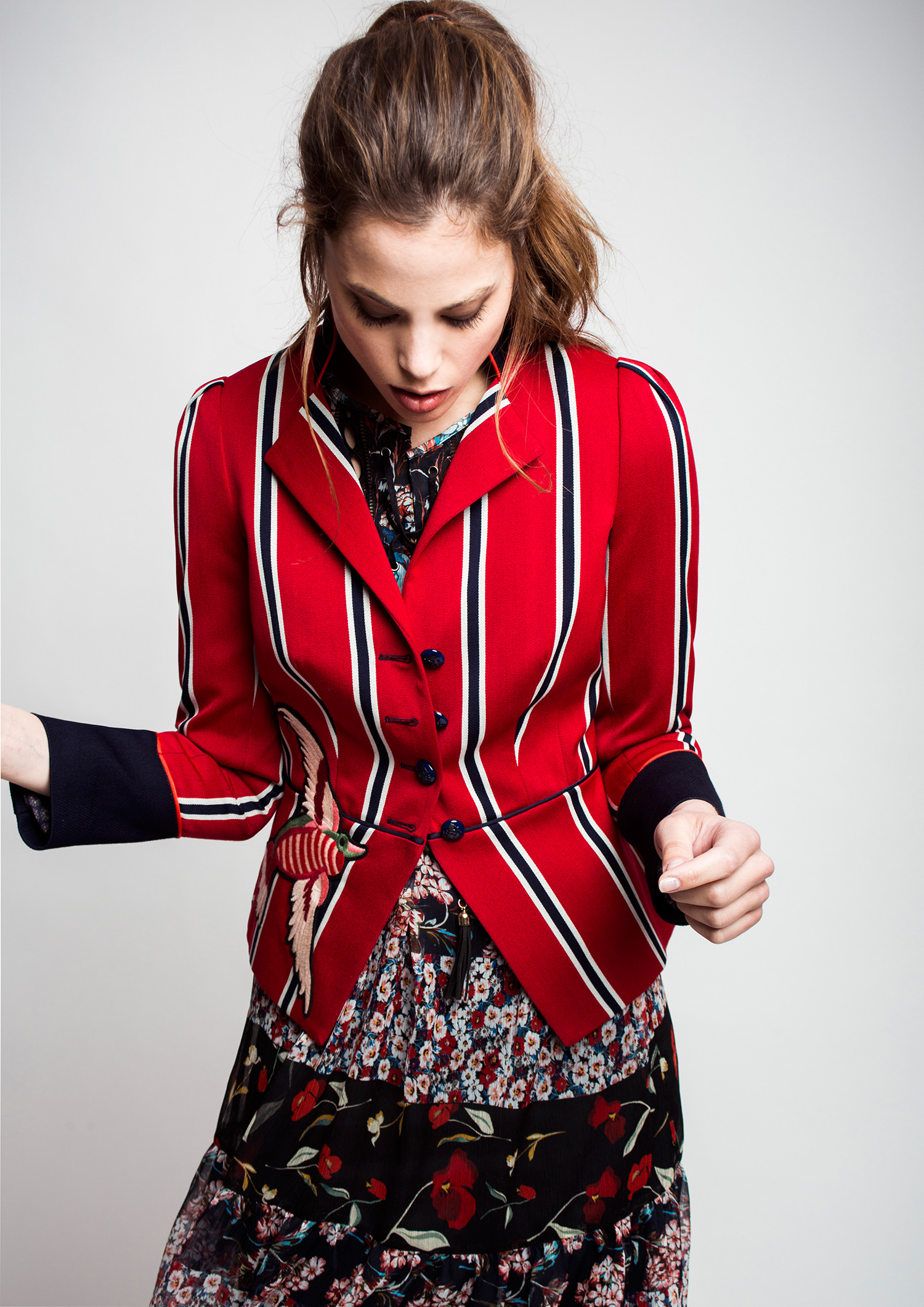 Red striped jacket.