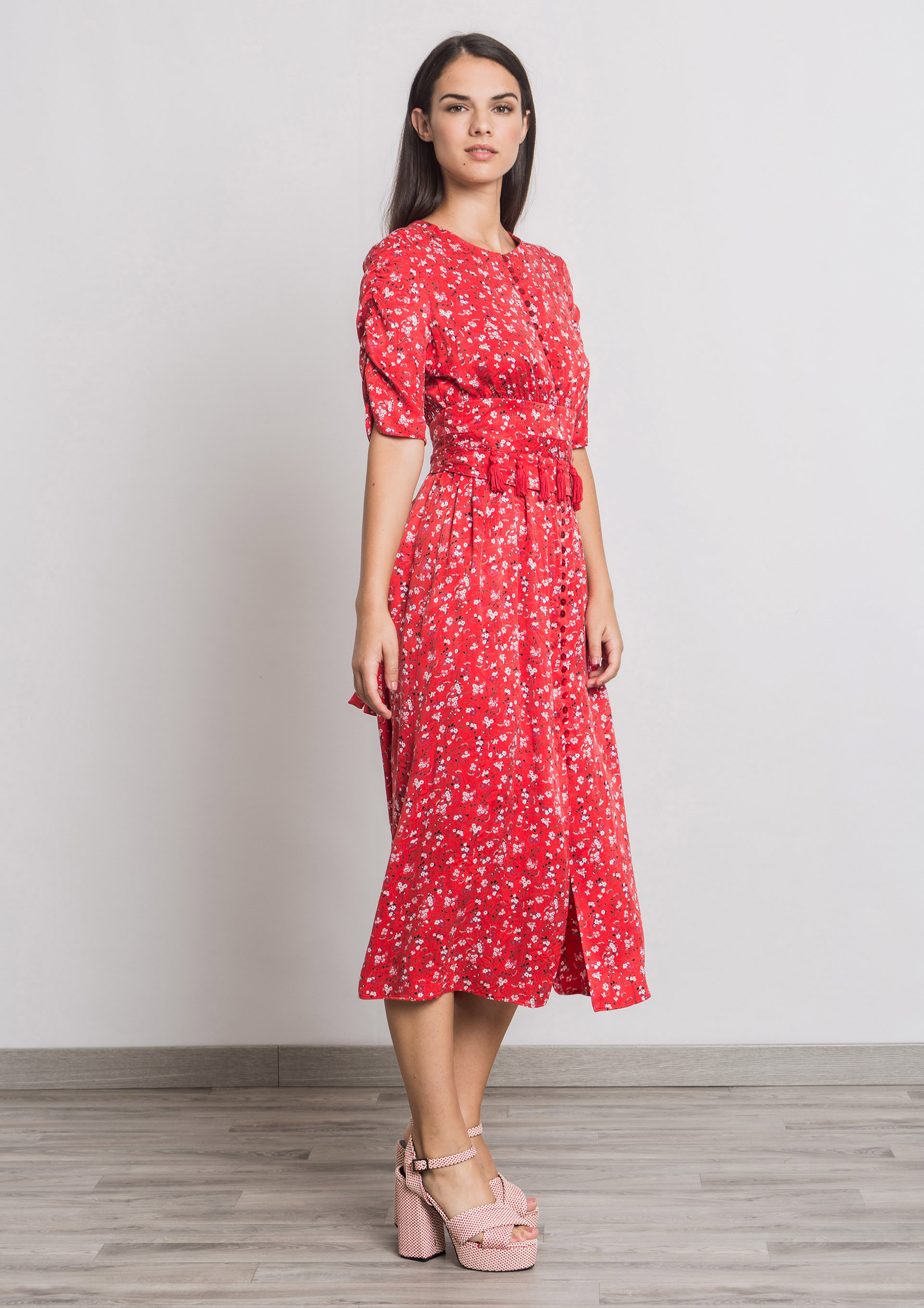 Red Midi Floral Print Dress
