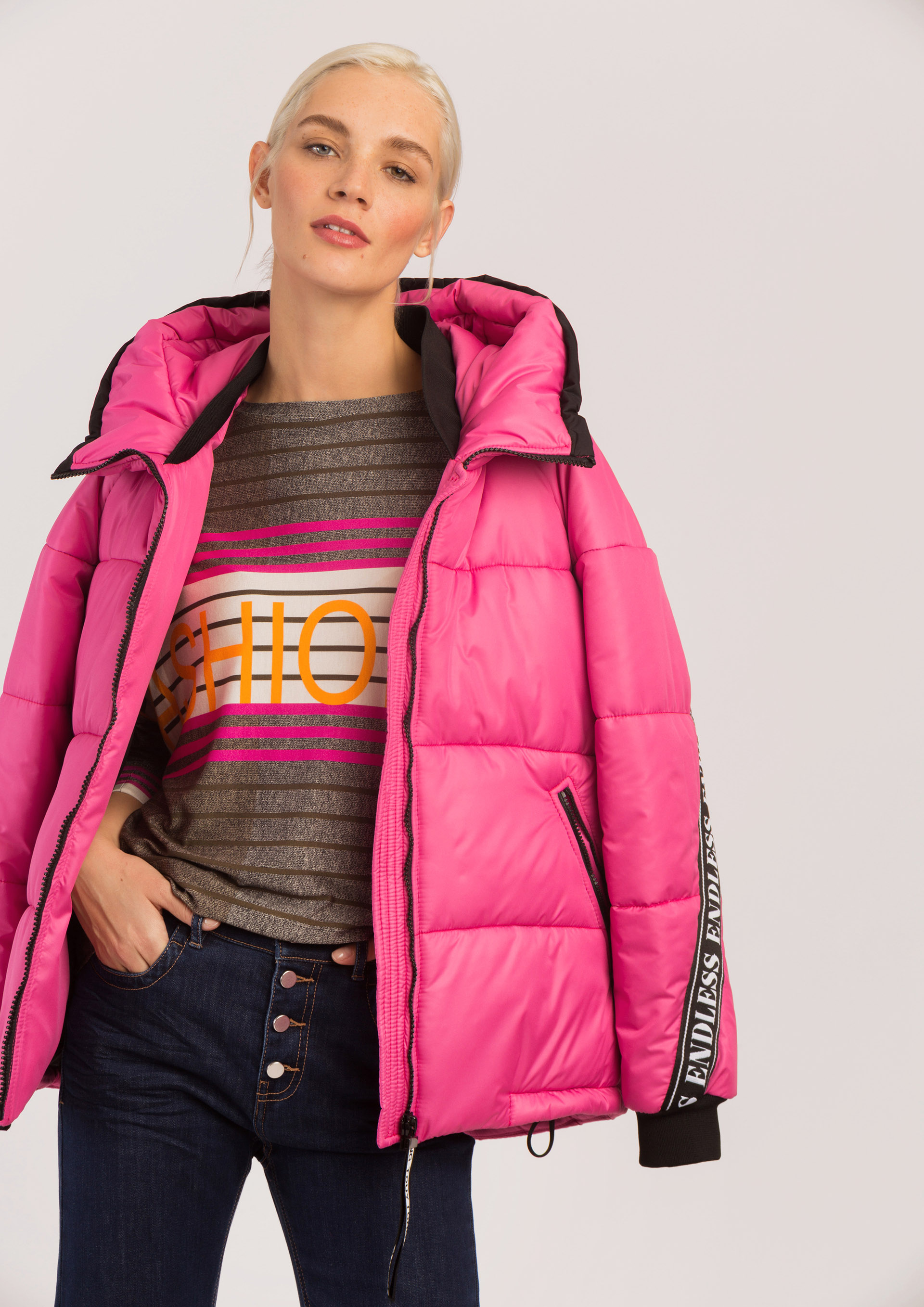 Pink parka.