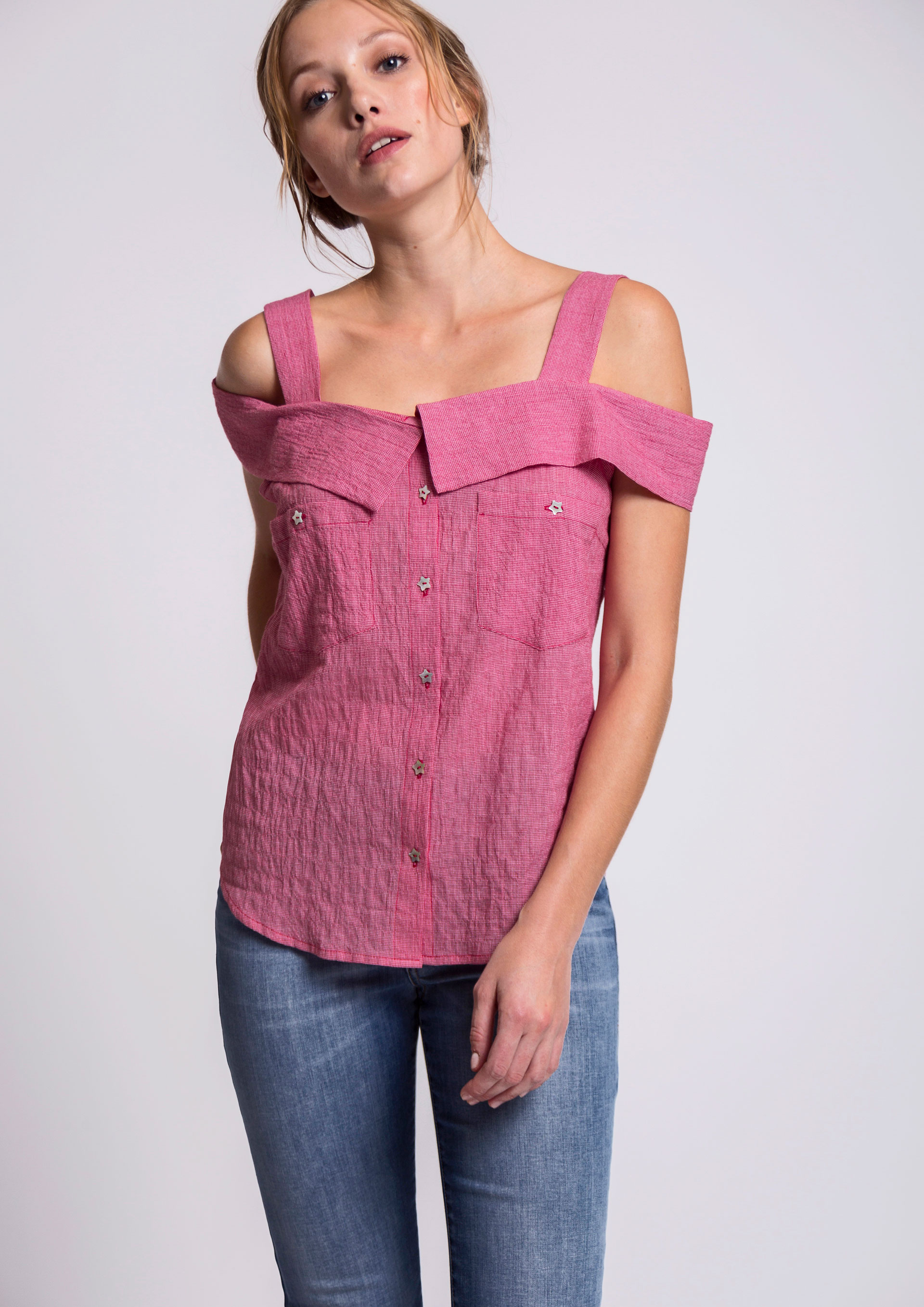 Red off-the-shoulder blouse