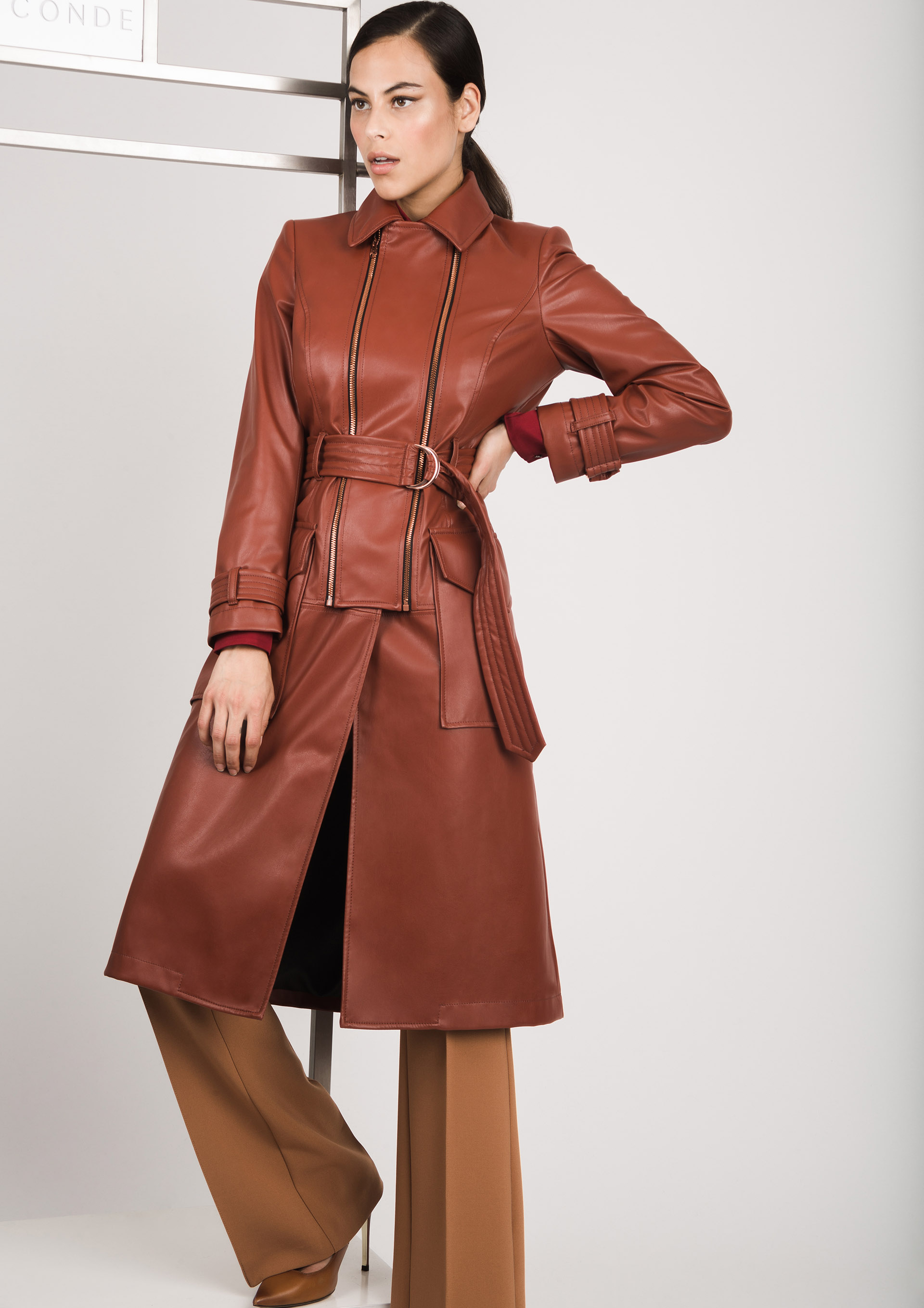 Faux leather coat.