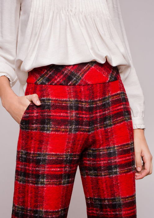 Red checked trousers.